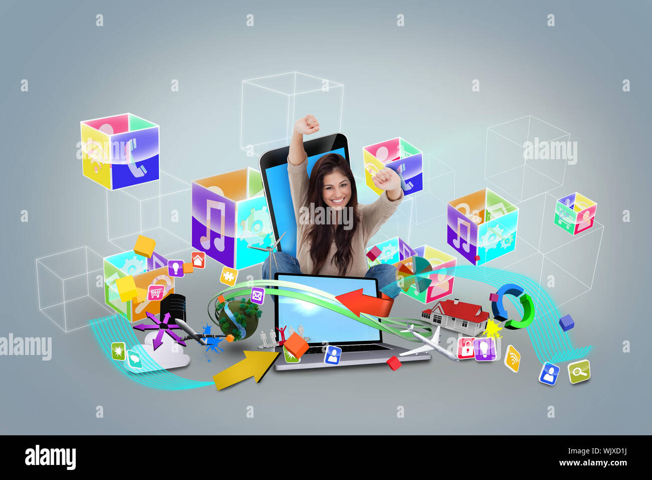 Digital composite of cheering girl using laptop with app icons Stock ...