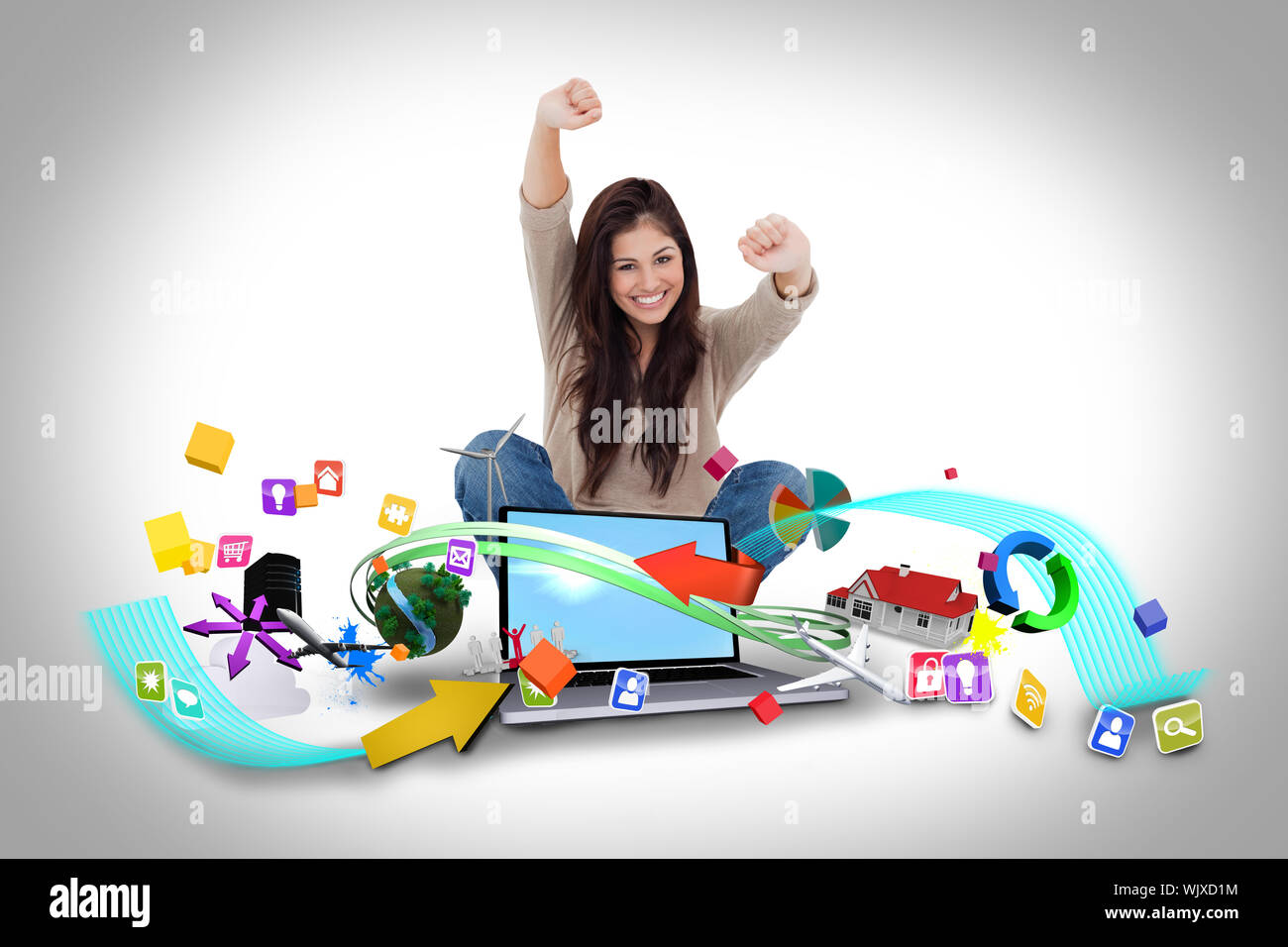 Digital composite of cheering girl using laptop with app icons Stock ...