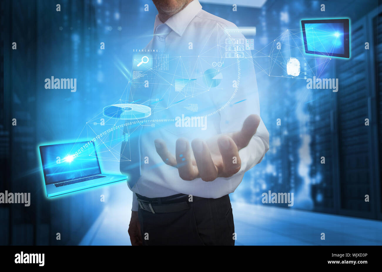 Digital composite of businessman presenting file transfer interface ...
