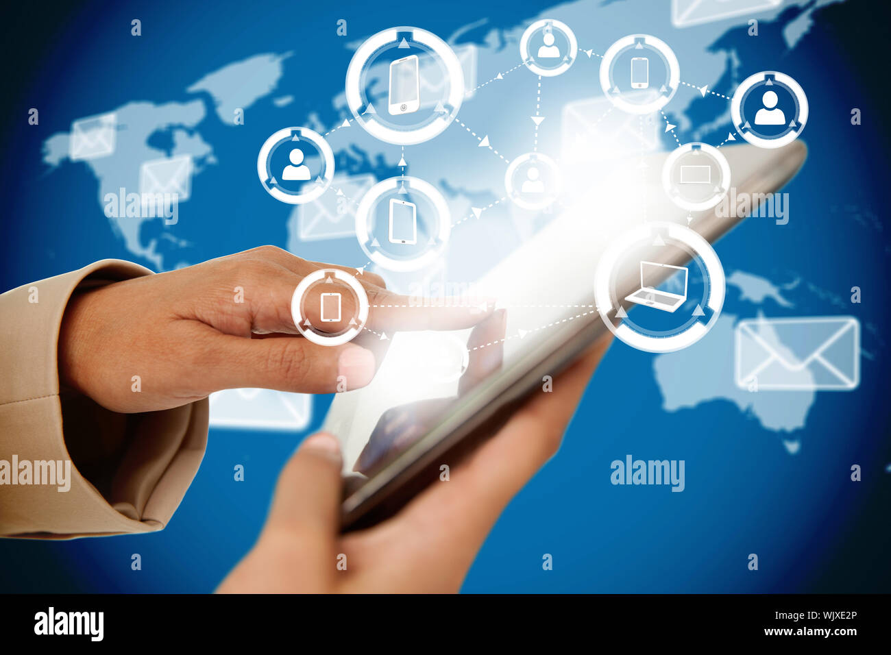 Digital composite of businesswoman touching tablet with interface and ...