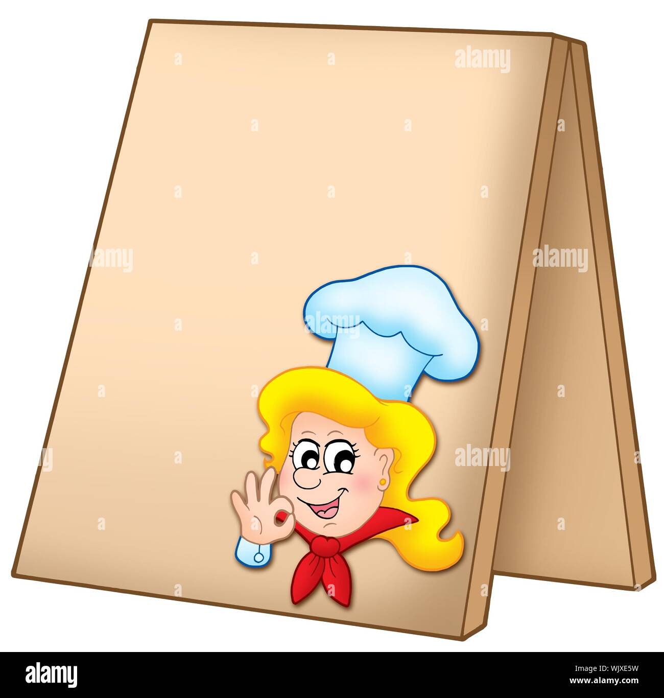 Menu board with cartoon chef woman - color illustration Stock Photo - Alamy