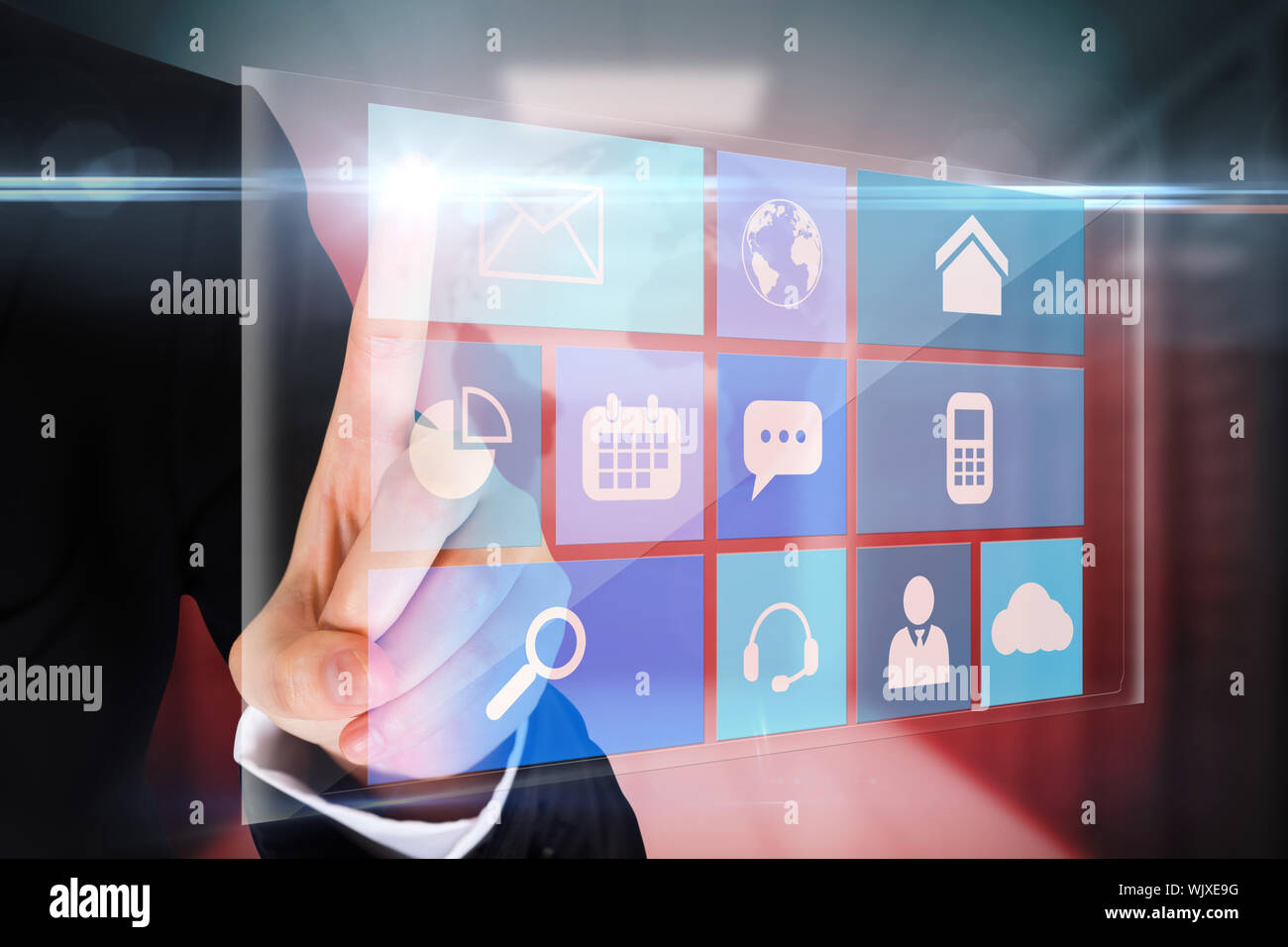 Digital composite of finger pointing to app menu interface Stock Photo ...