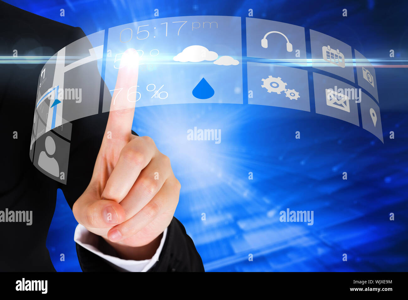 Digital composite of finger pointing to app icons menu Stock Photo - Alamy