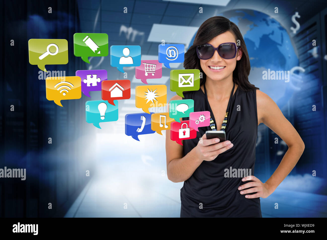 Digital composite of glamorous brunette using smartphone with app icons ...
