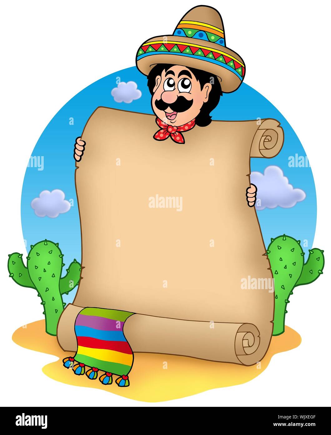 Mexican man with scroll in desert - color illustration Stock Photo - Alamy