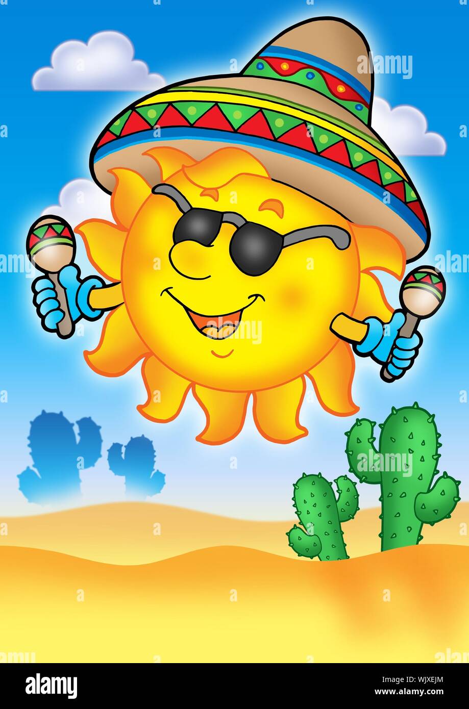 Mexican sun on blue sky - color illustration Stock Photo - Alamy