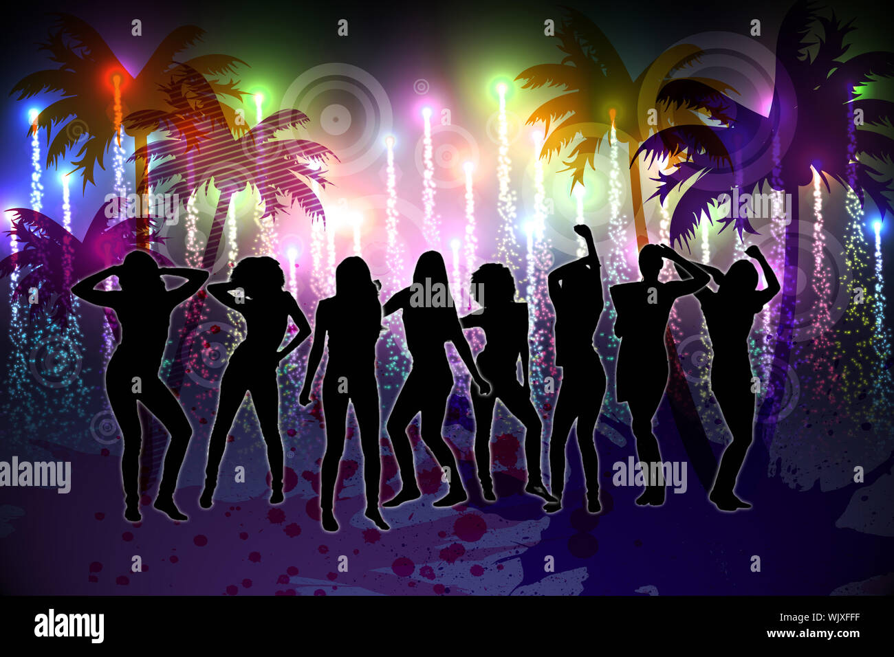 Digitally generated nightlife background with palm trees and people ...