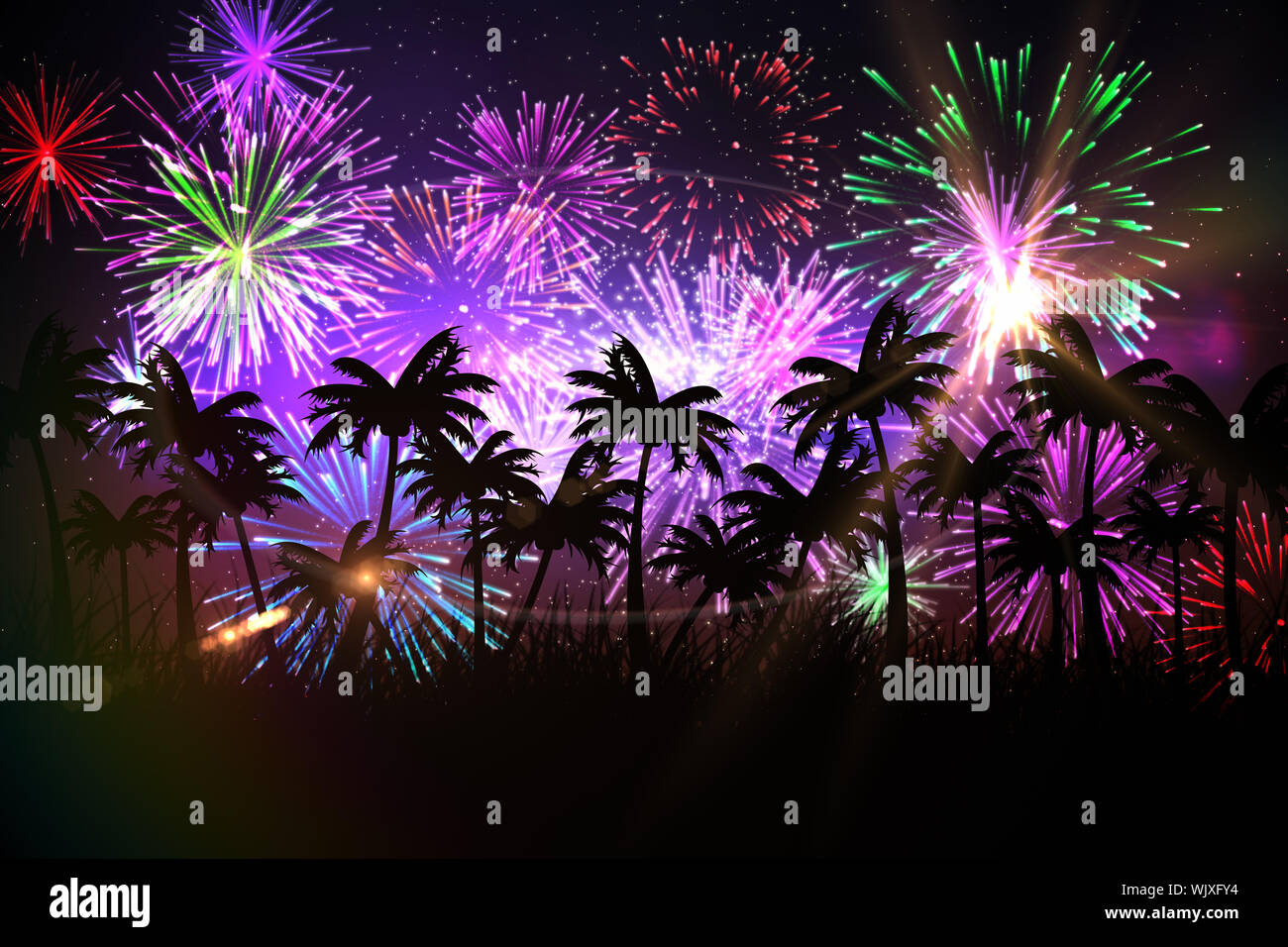 Digitally generated palm tree background with colourful fireworks Stock ...