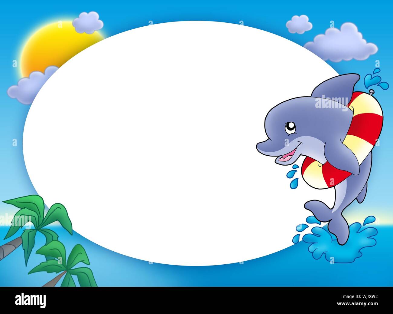 Round frame with jumping dolphin - color illustration Stock Photo - Alamy