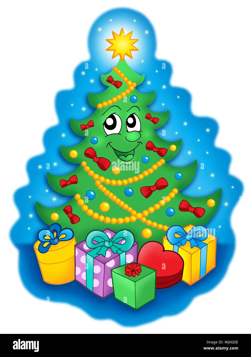 Smiling Christmas tree with gifts on blue sky - color illustration ...