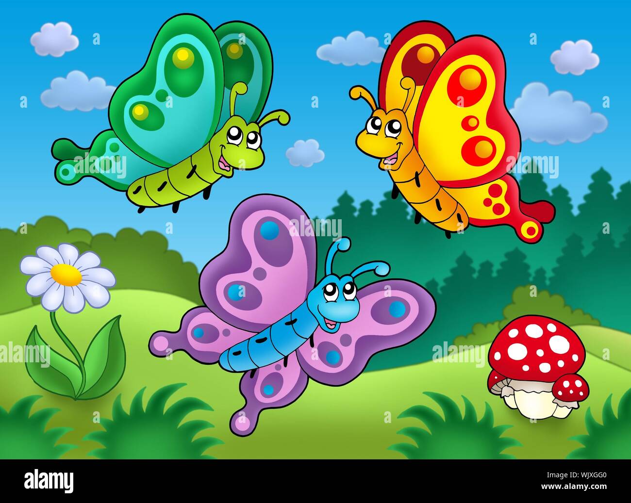 Three cute butterflies on meadow - color illustration Stock Photo - Alamy