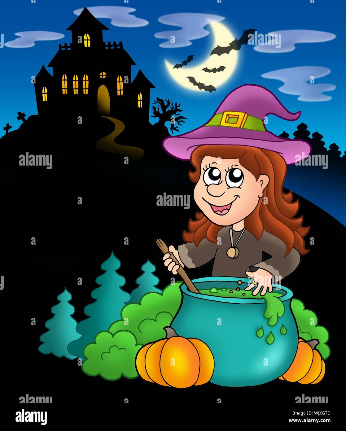 Wizard girl with haunted house - color illustration Stock Photo - Alamy