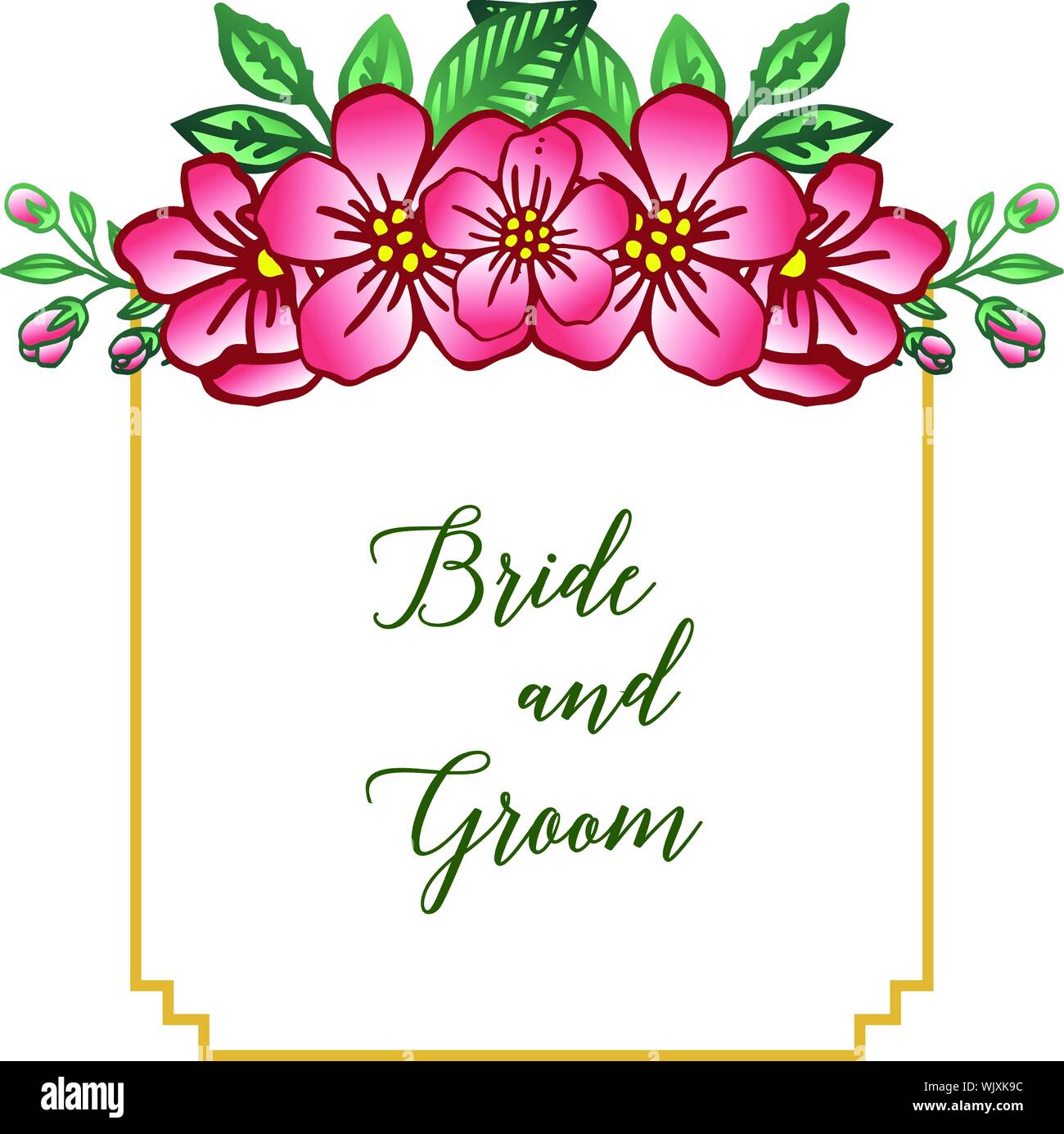 Poster or banner bride and groom, with motif of leaf flower frame ...
