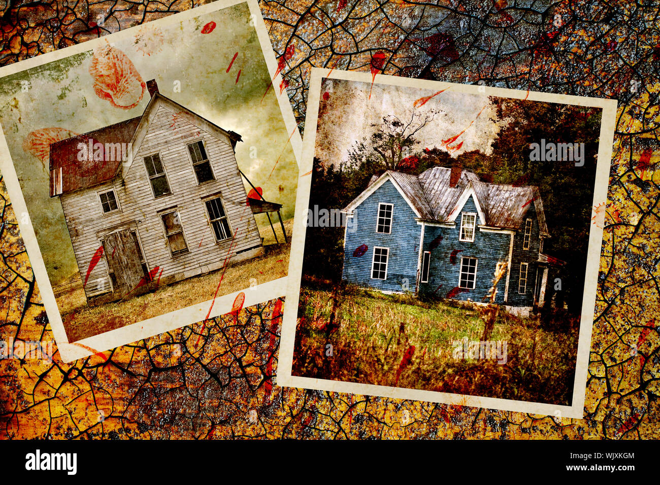 Two photos of old houses with blood splatter against a heavily grunged ...