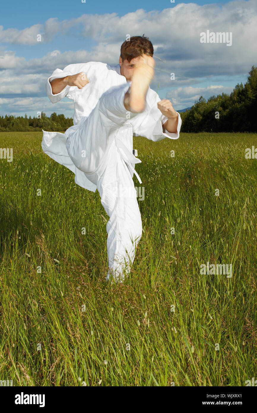 The young man polish a kick - karate Stock Photo - Alamy