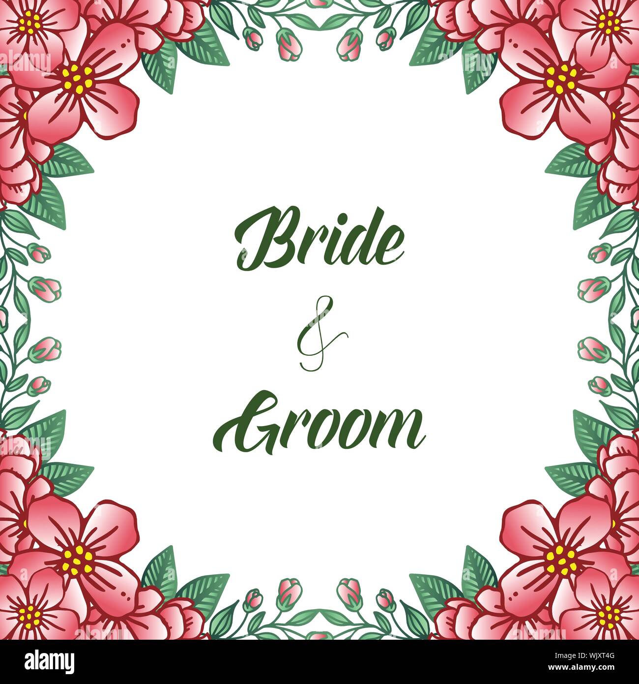 Decorative template of card bride and groom, with border of wreath ...