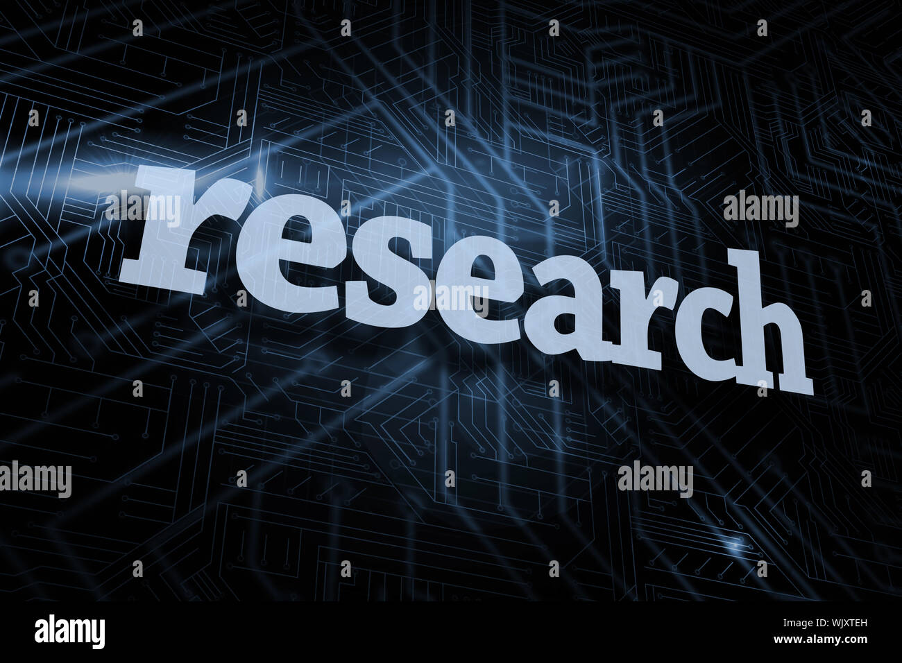 The word research against futuristic black and blue background Stock ...