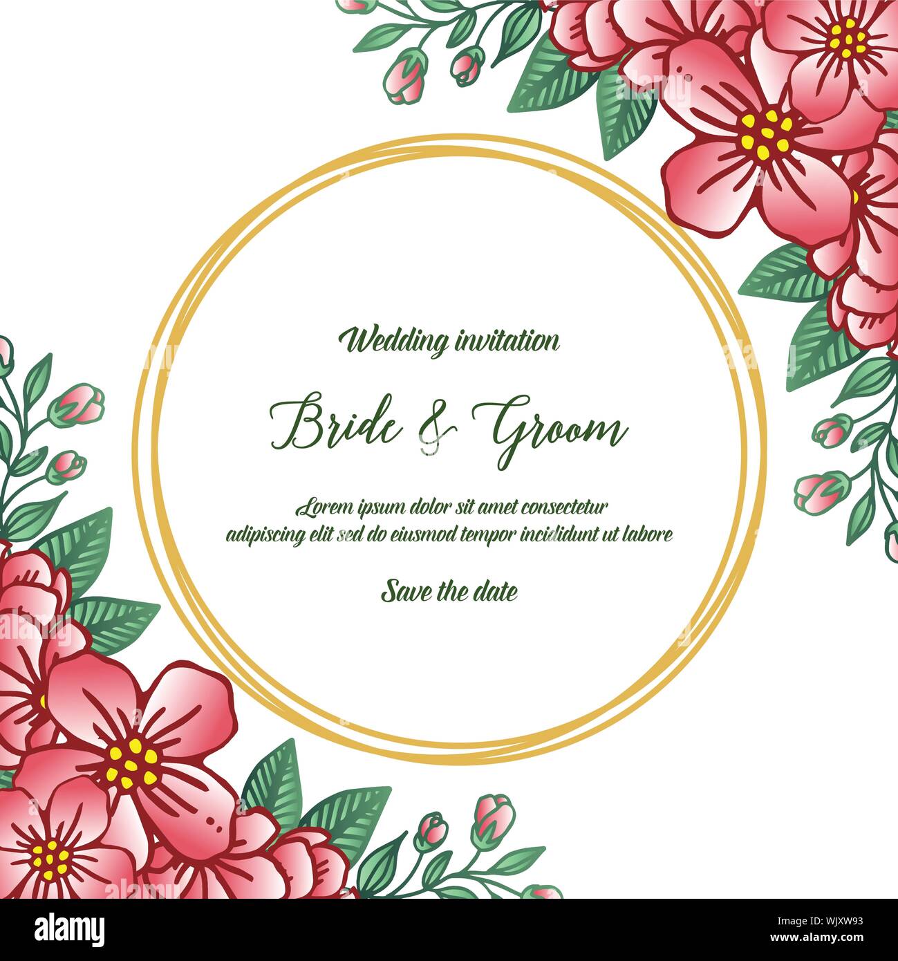 Decorative template of card bride and groom, with border of wreath ...