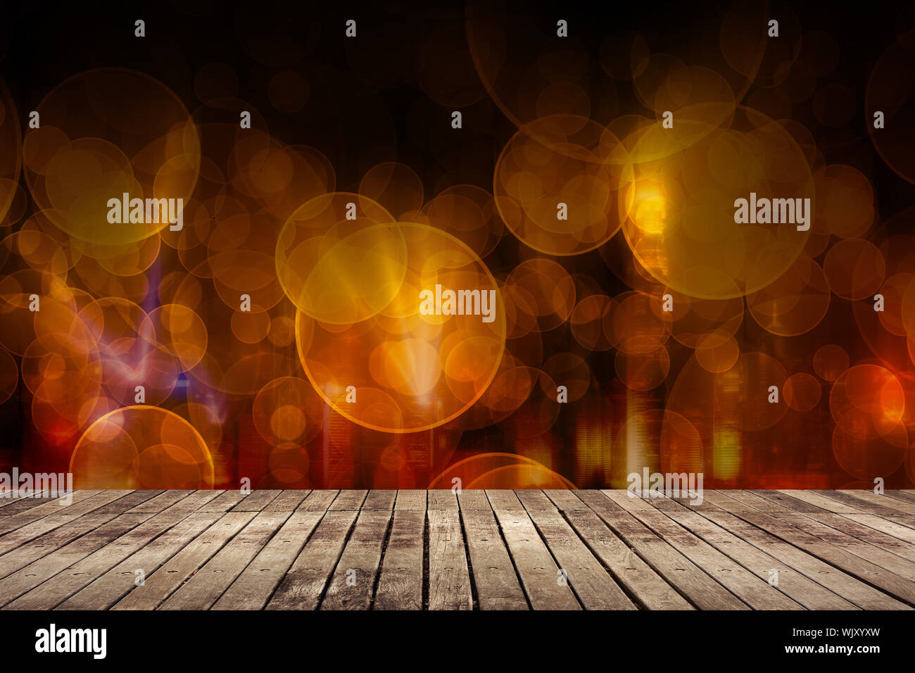 Wooden ground with city night scene and bokeh far away Stock Photo - Alamy