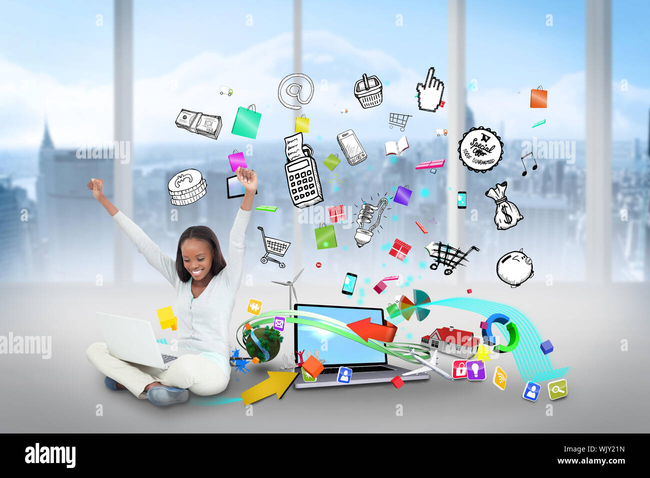 Digital composite of cheering girl using laptop with app icons Stock ...
