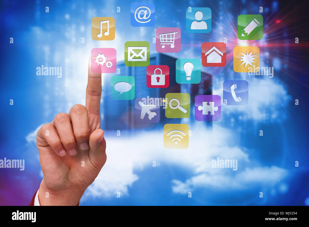 Digital composite of finger pointing to app icon Stock Photo - Alamy