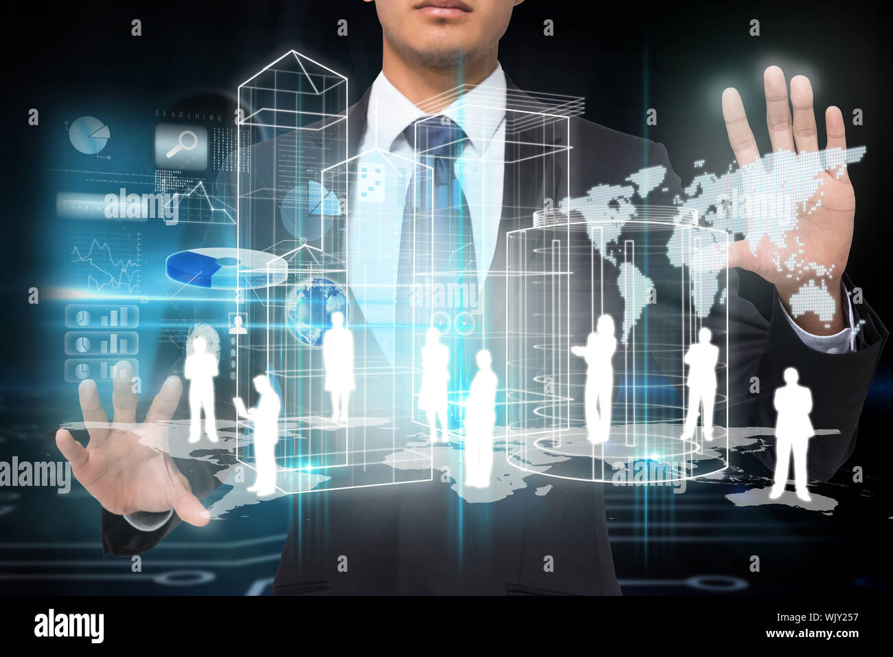 Digital composite of businessman touching interface with graphics Stock ...
