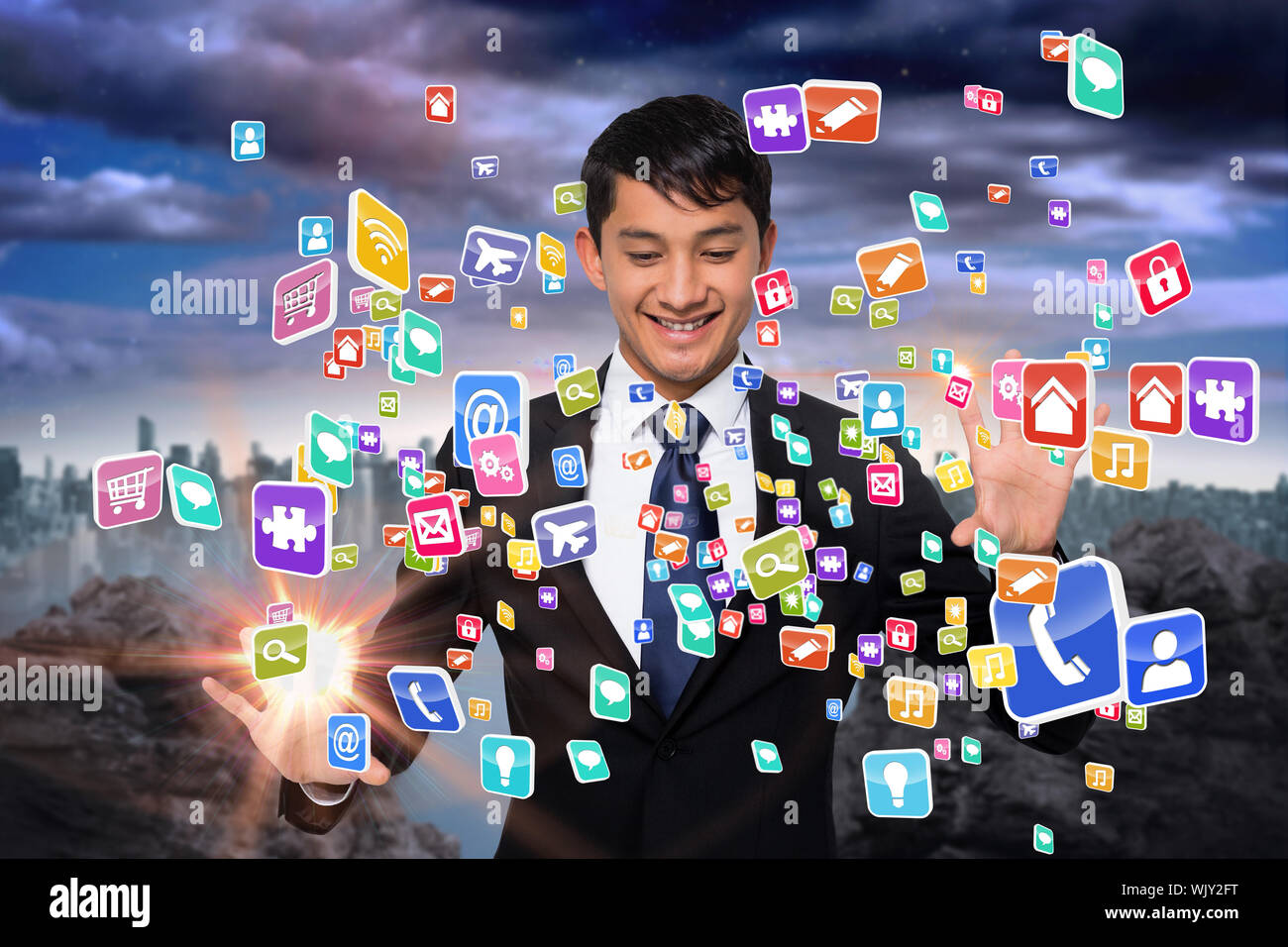 Digital composite businessman touching icon hi-res stock photography ...