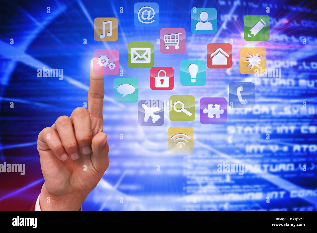 Digital composite of finger pointing to app icon Stock Photo - Alamy