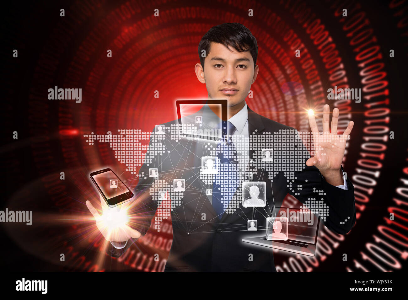 Digital composite of serious businessman touching earth graphic with ...