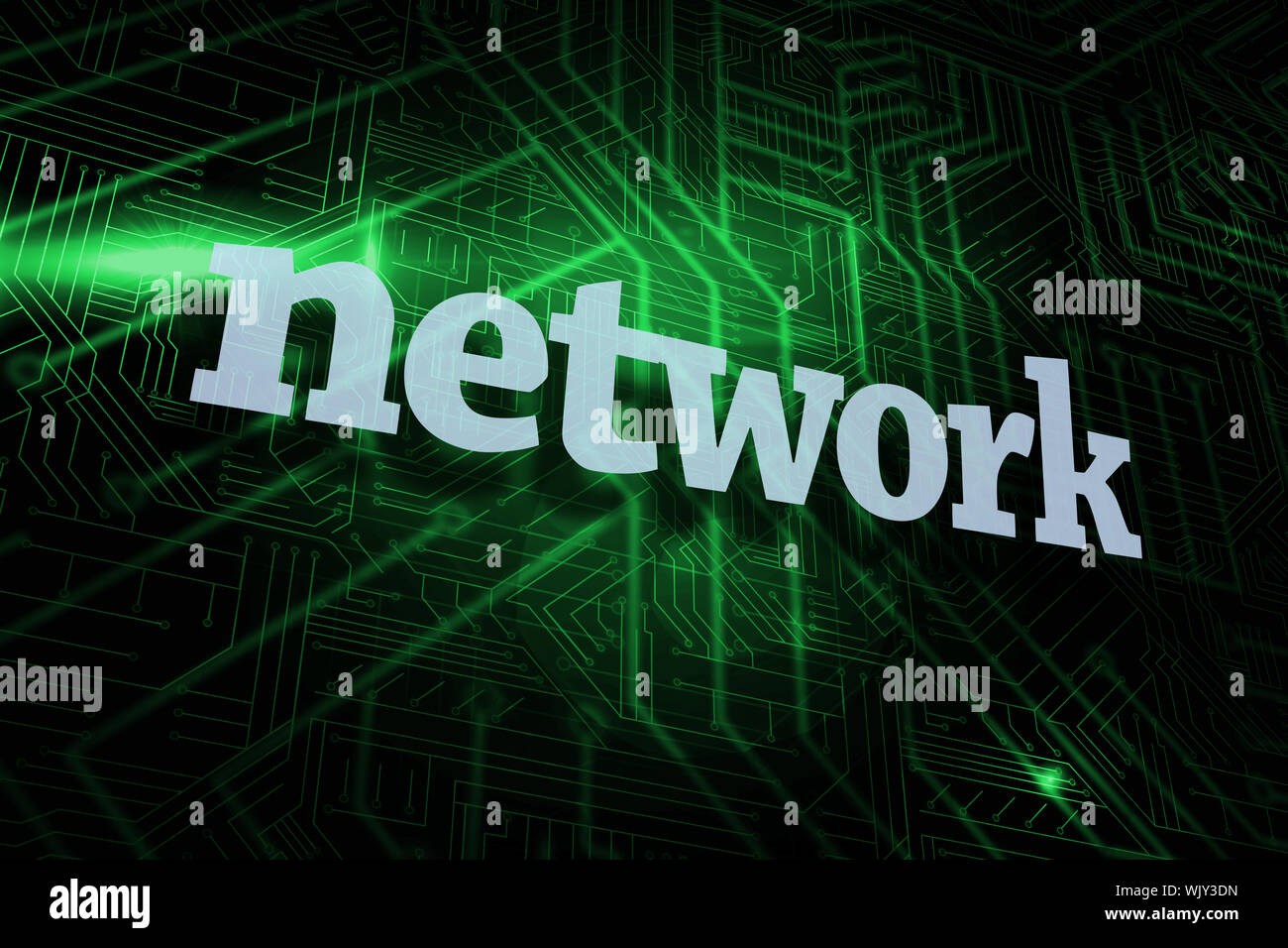 The word network against green and black circuit board Stock Photo - Alamy