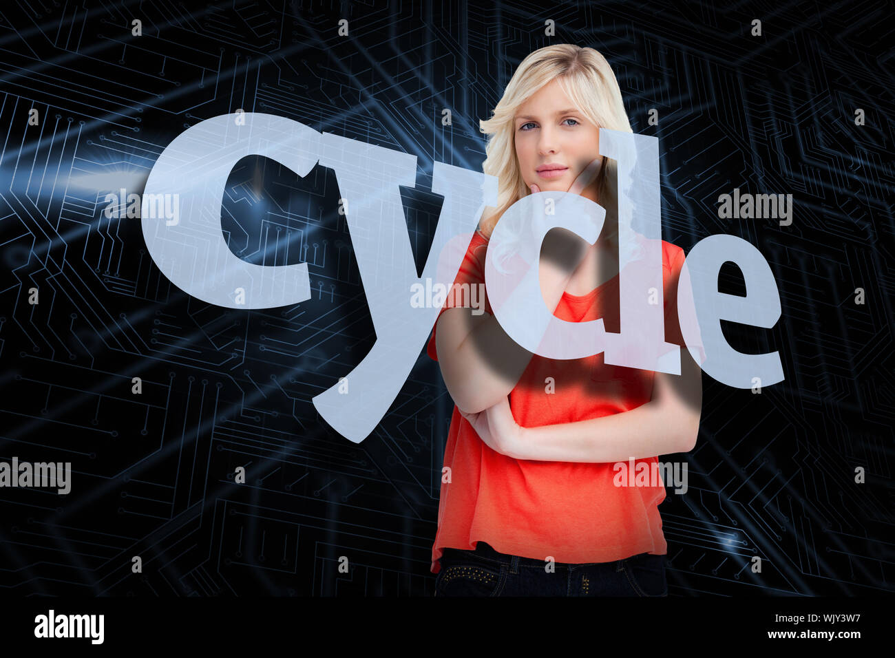 The Word Cycle And Teenager Standing Upright Thoughtfully With Her Fingers On Her Chin Against the-word-cycle-and-teenager-standing-upright-thoughtfully-with-her-fingers-on-her-chin-against