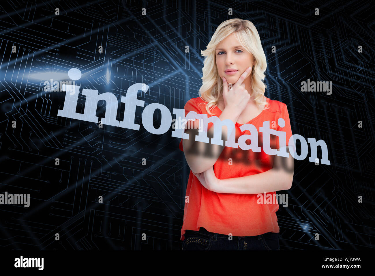The word information and teenager standing upright thoughtfully with her fingers on her chin ...