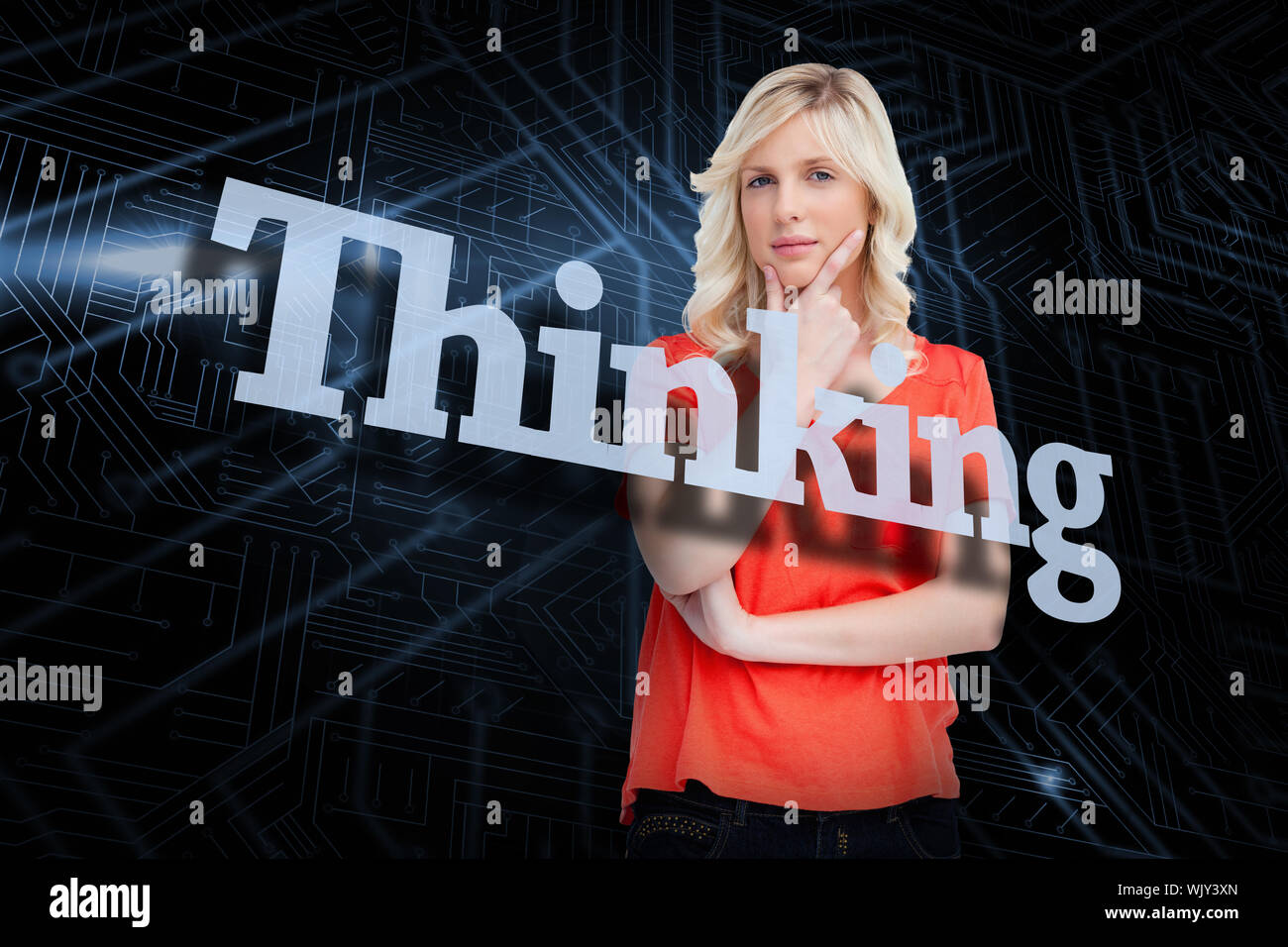 The word thinking and teenager standing upright thoughtfully with her ...
