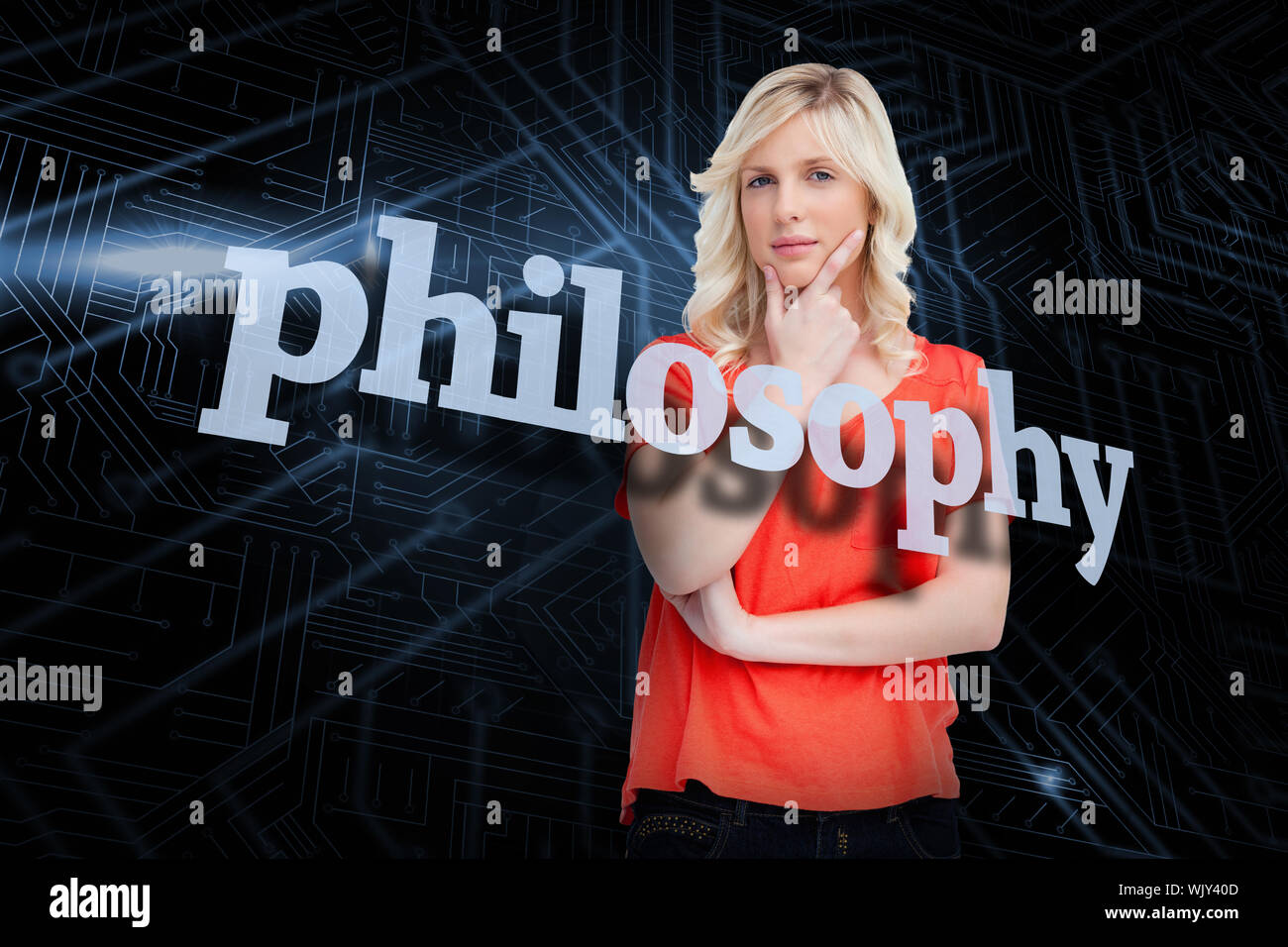 The word philosophy and teenager standing upright thoughtfully with her ...