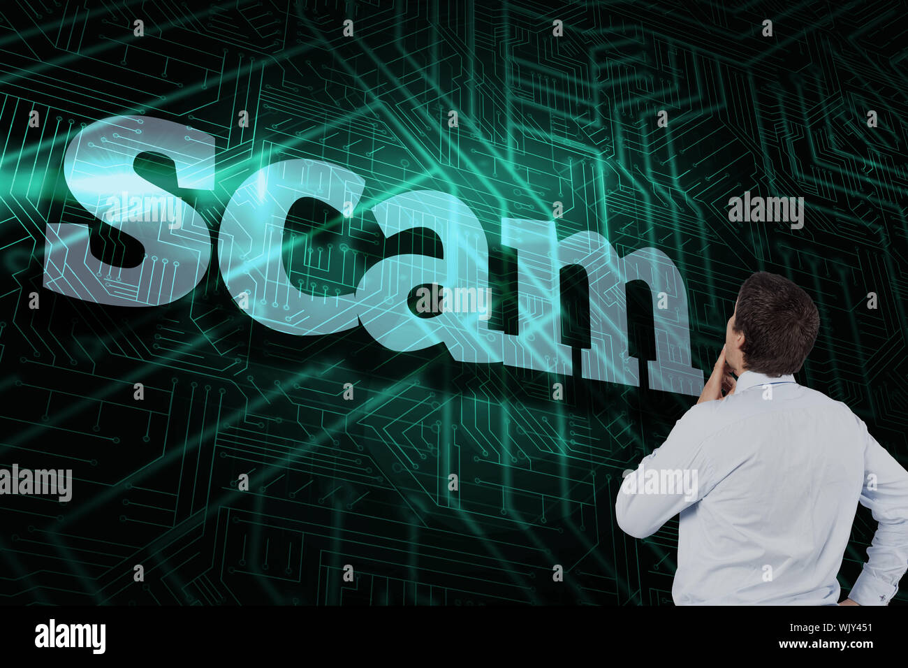 The word scam and thinking businessman touching his chin against green ...