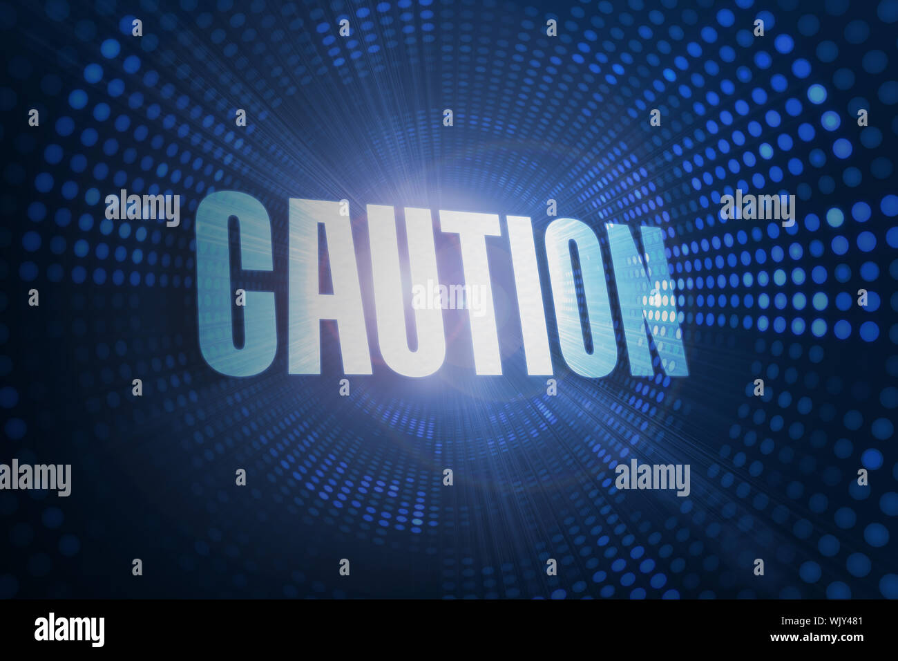 The word caution against futuristic dotted blue and black background ...