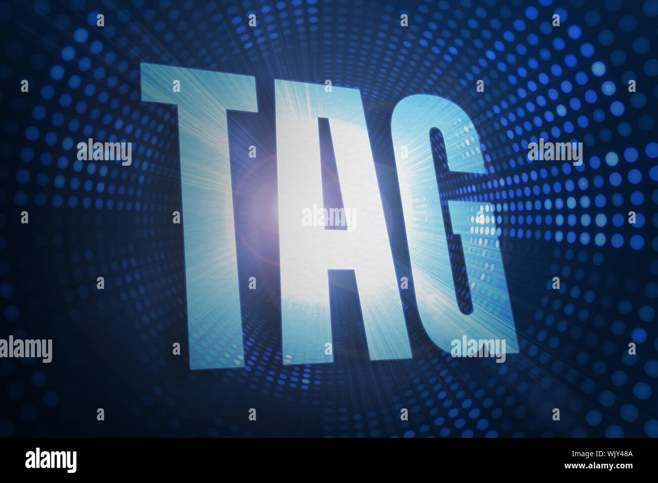 The word tag against futuristic dotted blue and black background Stock ...