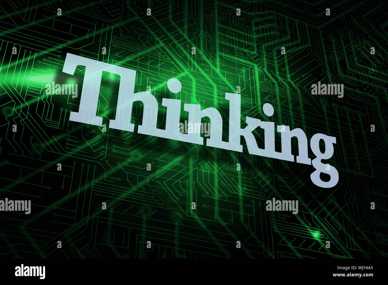 The word thinking against green and black circuit board Stock Photo - Alamy