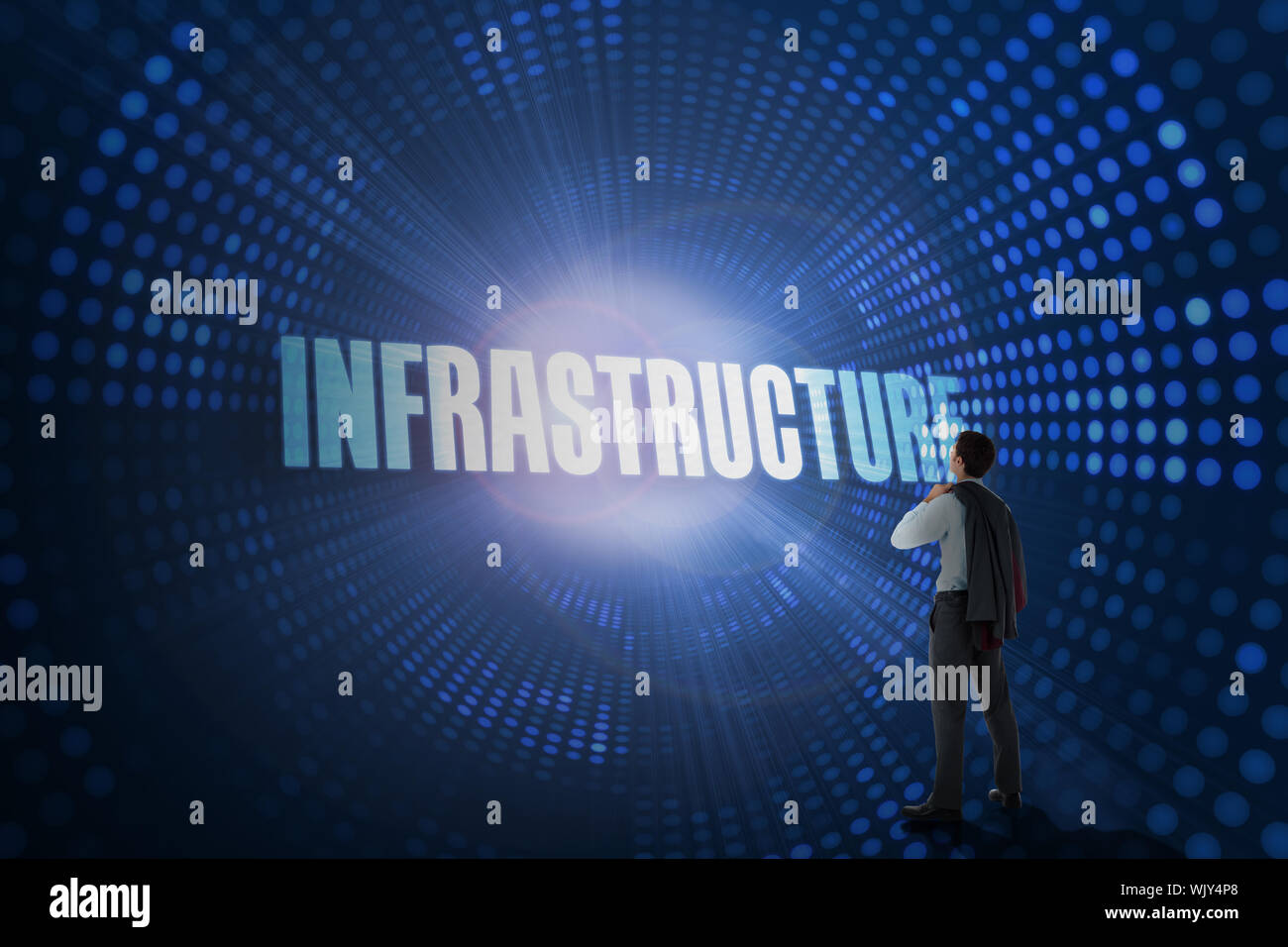 The word infrastructure and businessman holding his jacket against ...