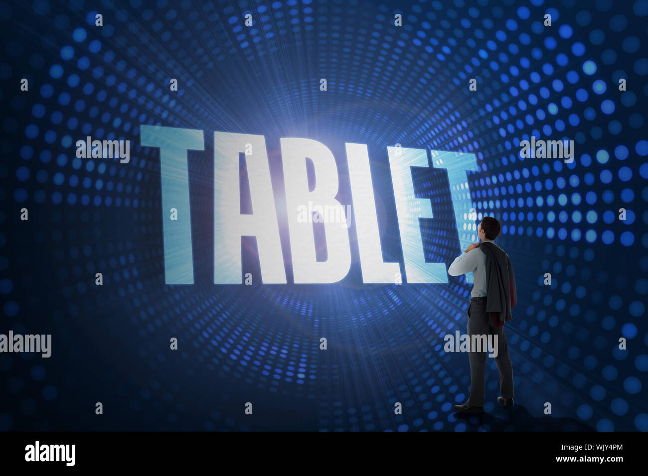 The word tablet and businessman holding his jacket against futuristic ...
