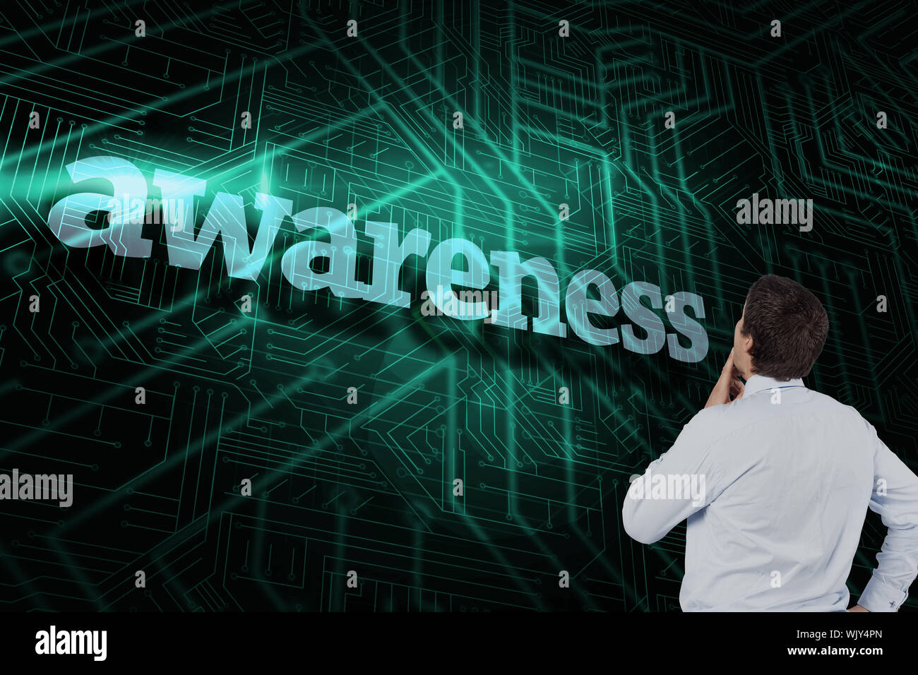 The word awareness and thinking businessman touching his chin against ...