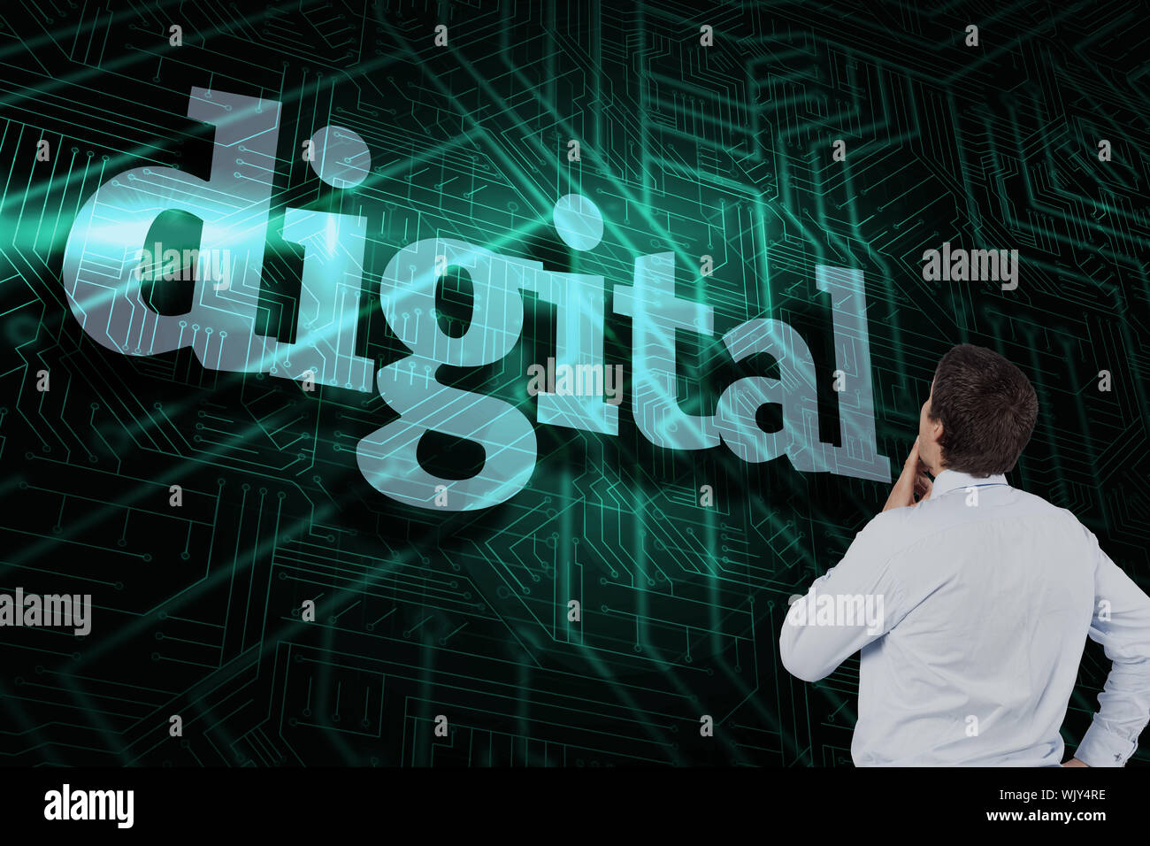 The word digital and thinking businessman touching his chin against ...