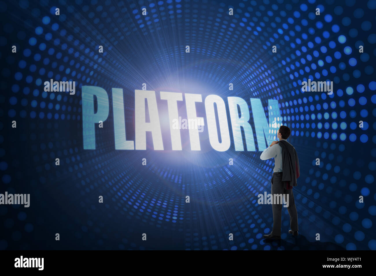 The word platform and businessman holding his jacket against futuristic ...