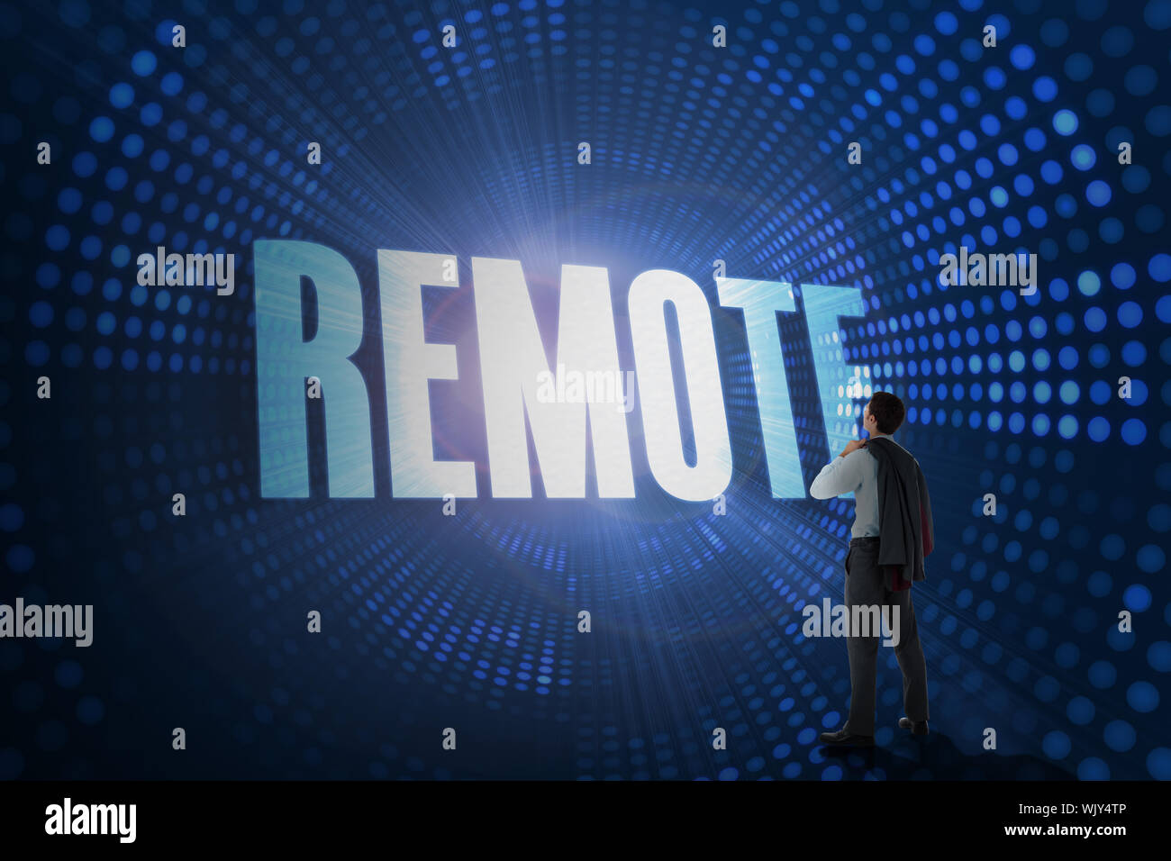 The word remote and businessman holding his jacket against futuristic ...