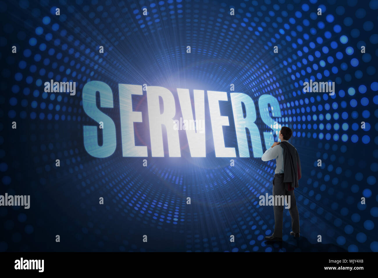 The word servers and businessman holding his jacket against futuristic ...