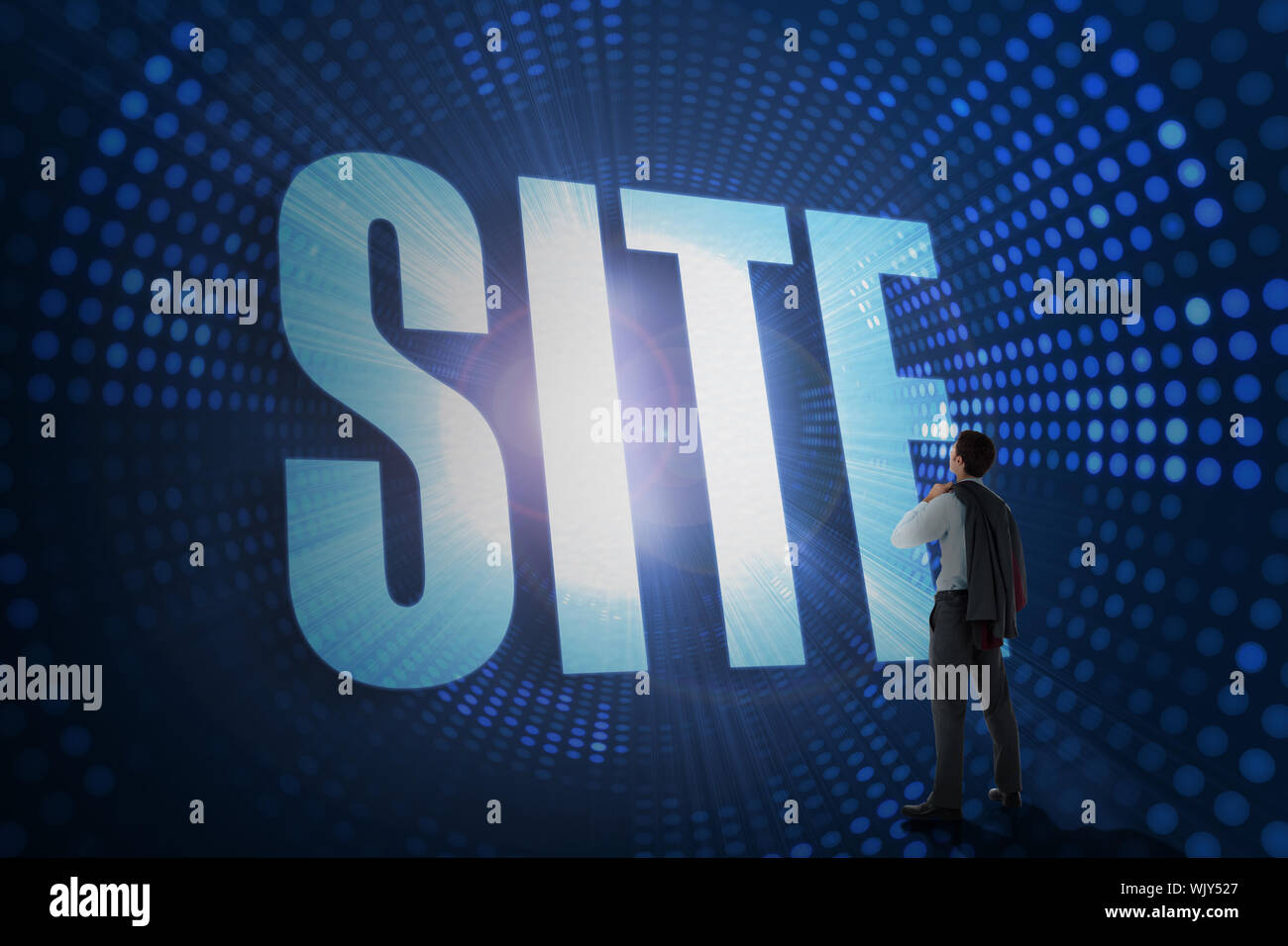 The word site and businessman holding his jacket against futuristic ...