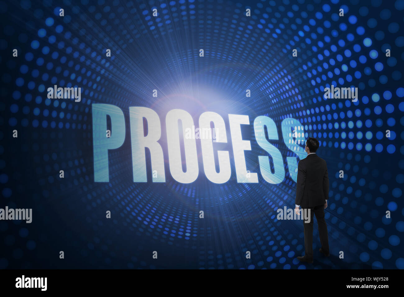 The word process and asian businessman against futuristic dotted blue ...