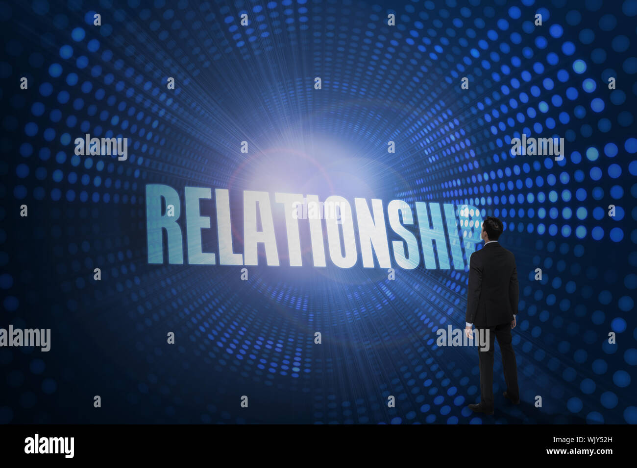 The word relationship and asian businessman against futuristic dotted ...