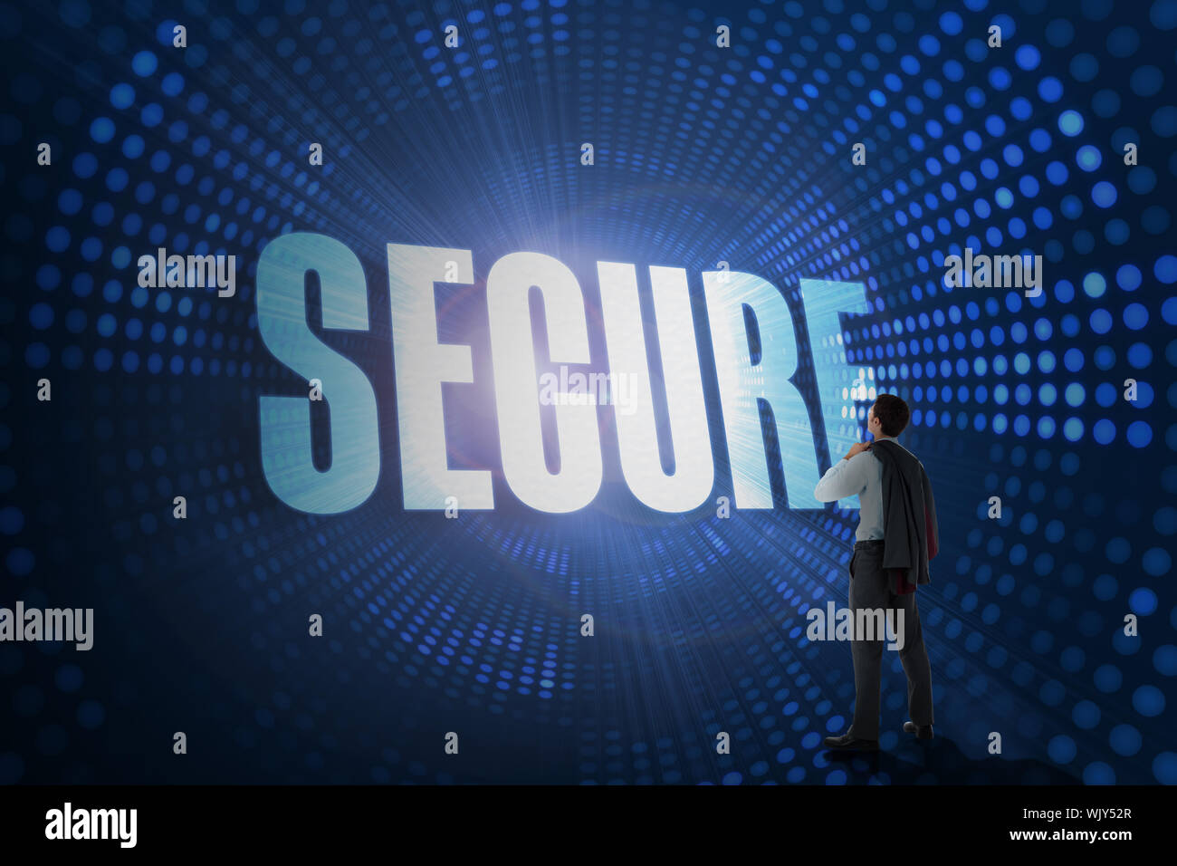 The word secure and businessman holding his jacket against futuristic ...