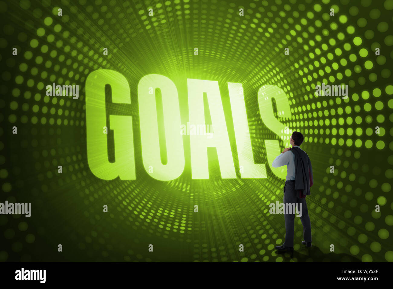 The word goals and businessman holding his jacket against green pixel ...